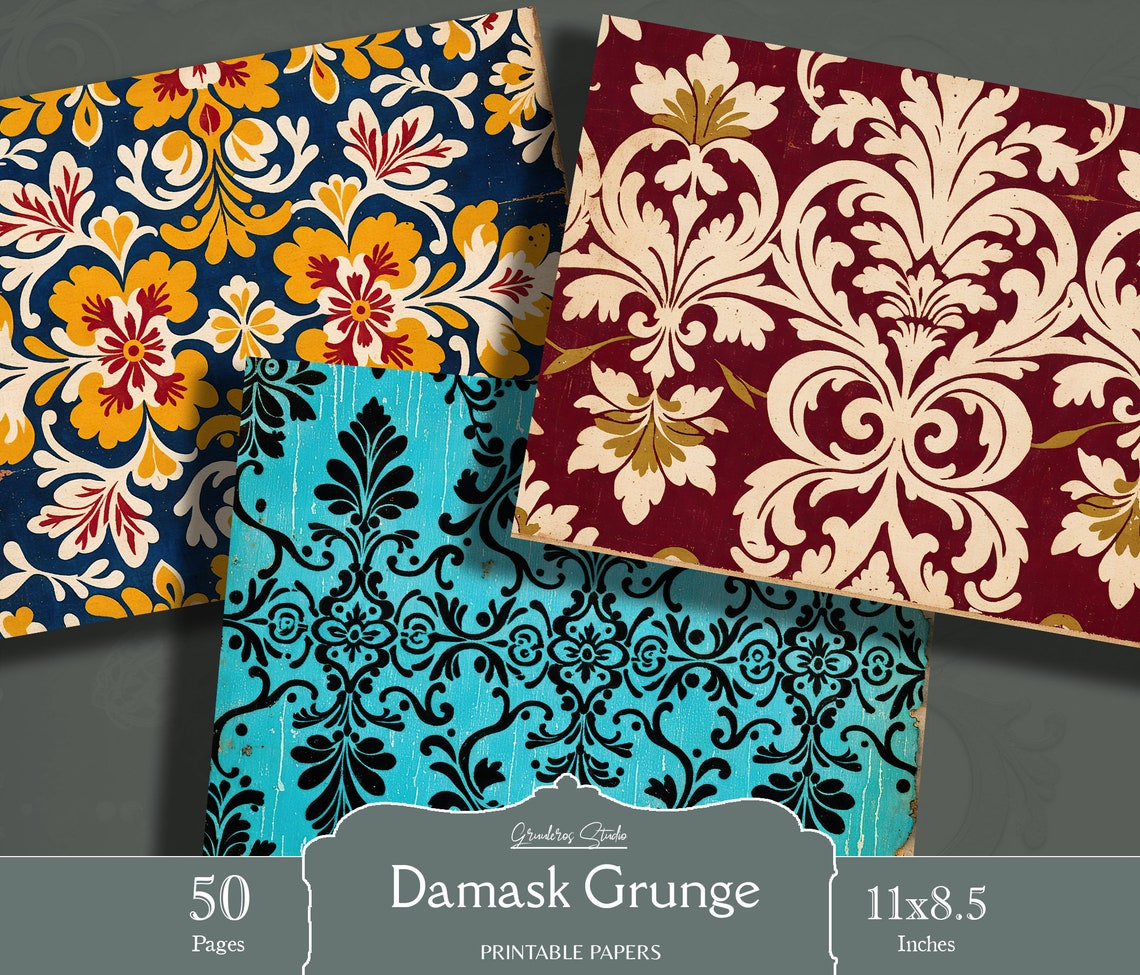 Printable Damask Paper, Vibrant, Grunge, Digital Paper, Damask Pages ...