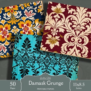 Printable Damask Paper, Vibrant, Grunge, Digital Paper, Damask Pages ...