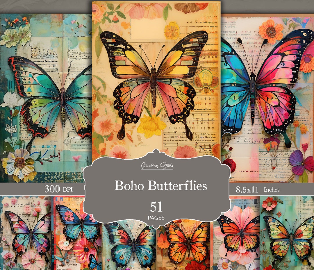 Boho Butterfly Junk Journal, Digital Papers, Vintage Butterflies ...