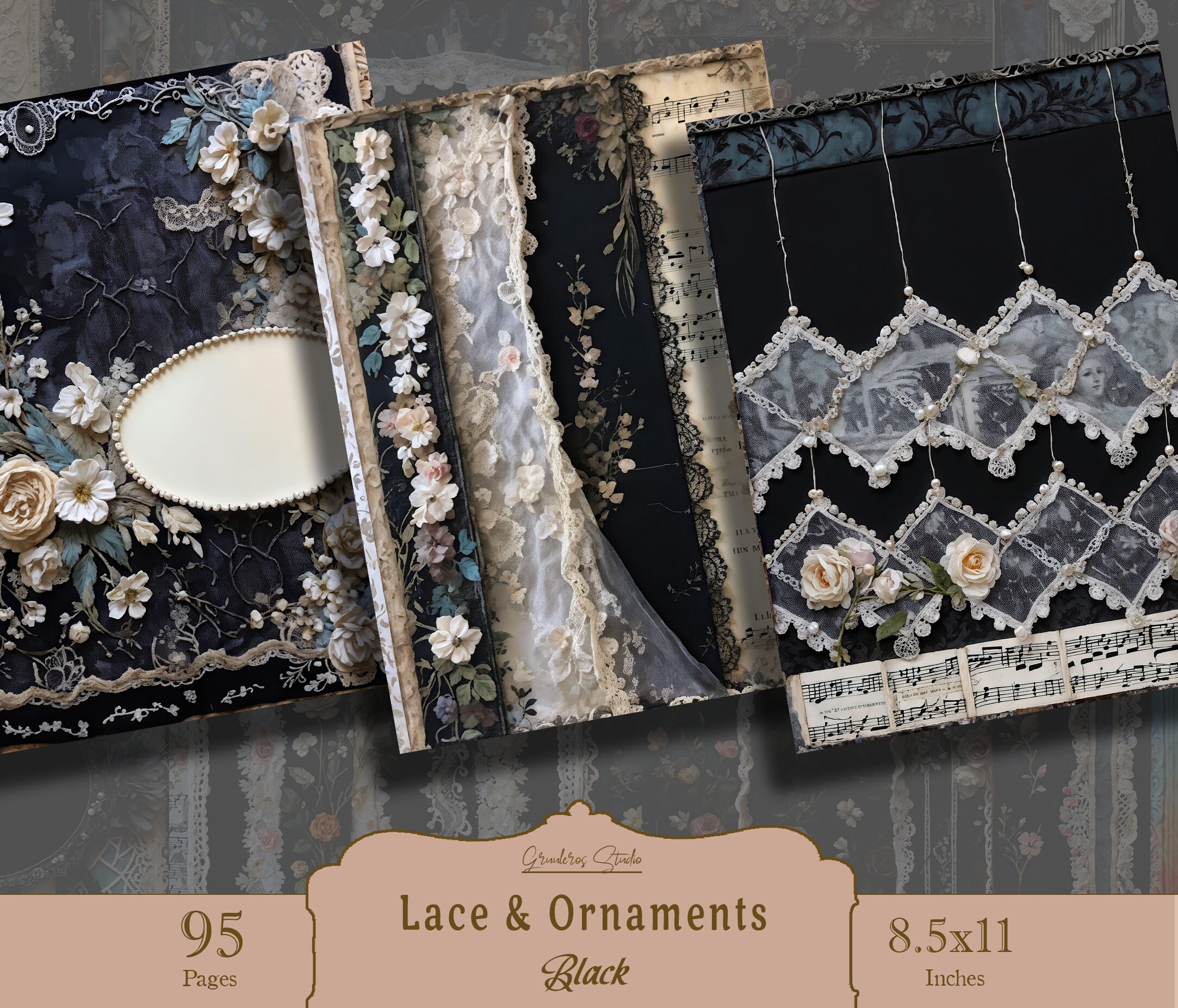 Lace Junk Journal, Printable, Black Lace Images, Lace Digital Journal ...