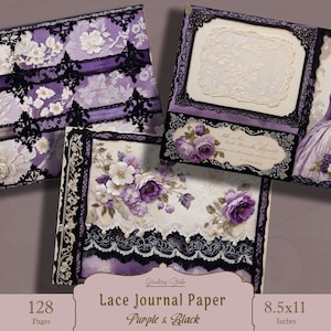 Purple Lace Journal Paper, Black Lace Printable Paper, Vintage Journal ...