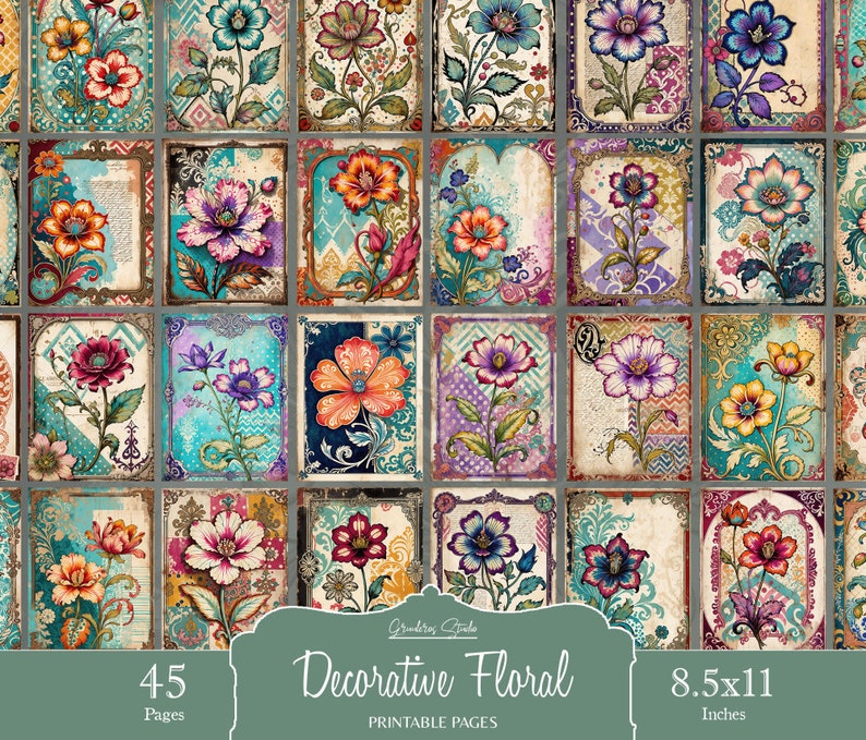 Decorative Flowers, Journal Pages, Art Nouveau Florals Digital Paper ...