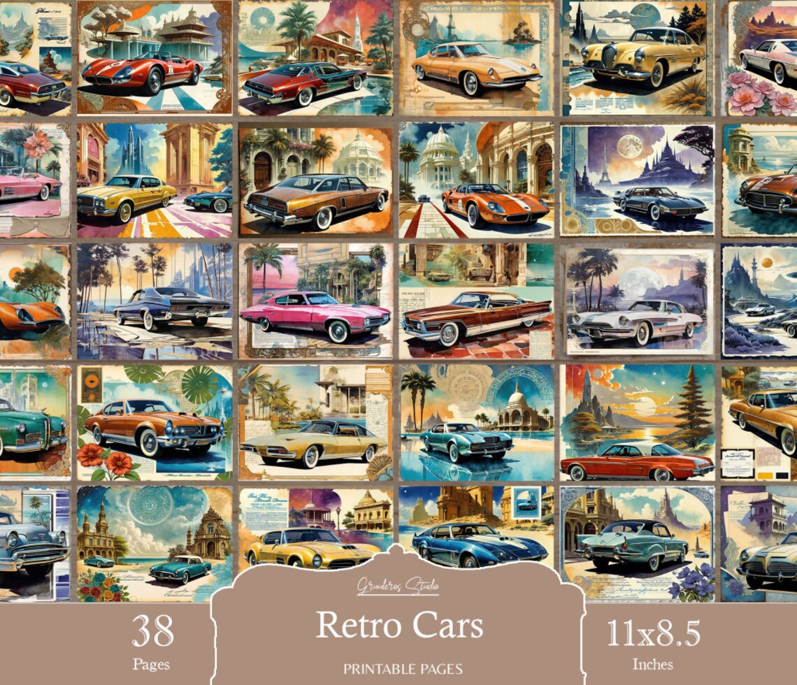 Classic Cars Journal Kit, Retro Cars, Vintage Cars Junk Journal ...