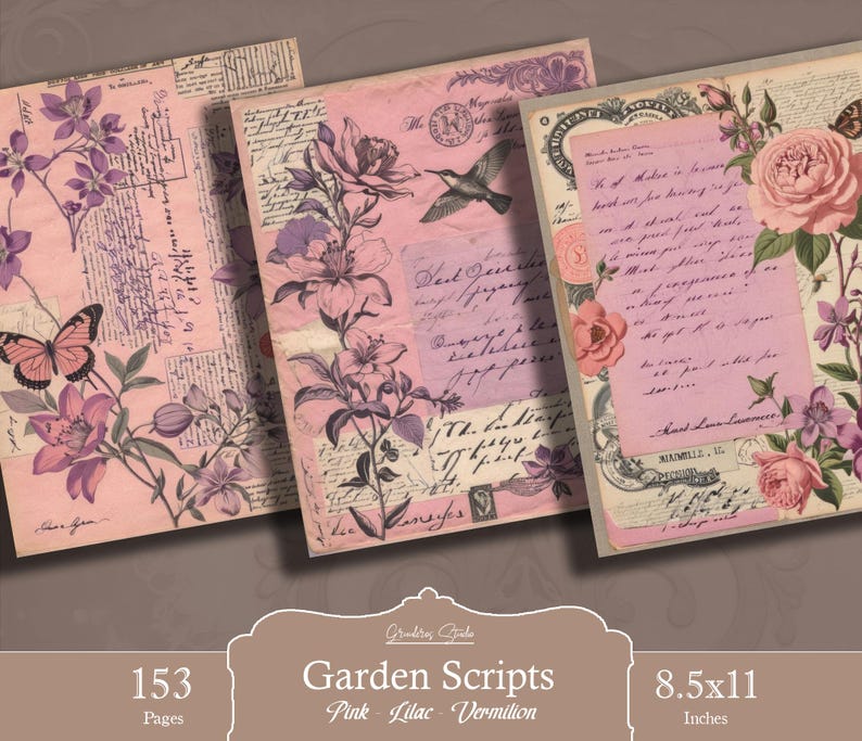 Pink Letter Collage Paper, Vintage Floral Ephemera Pages, Scrapbooking ...