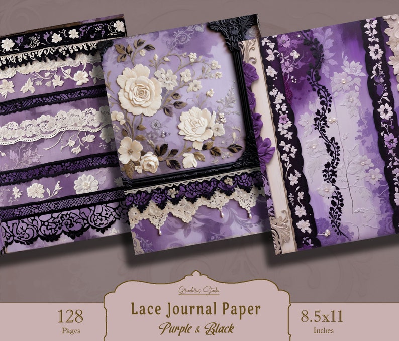 Purple Lace Journal Paper, Black Lace Printable Paper, Vintage Journal ...