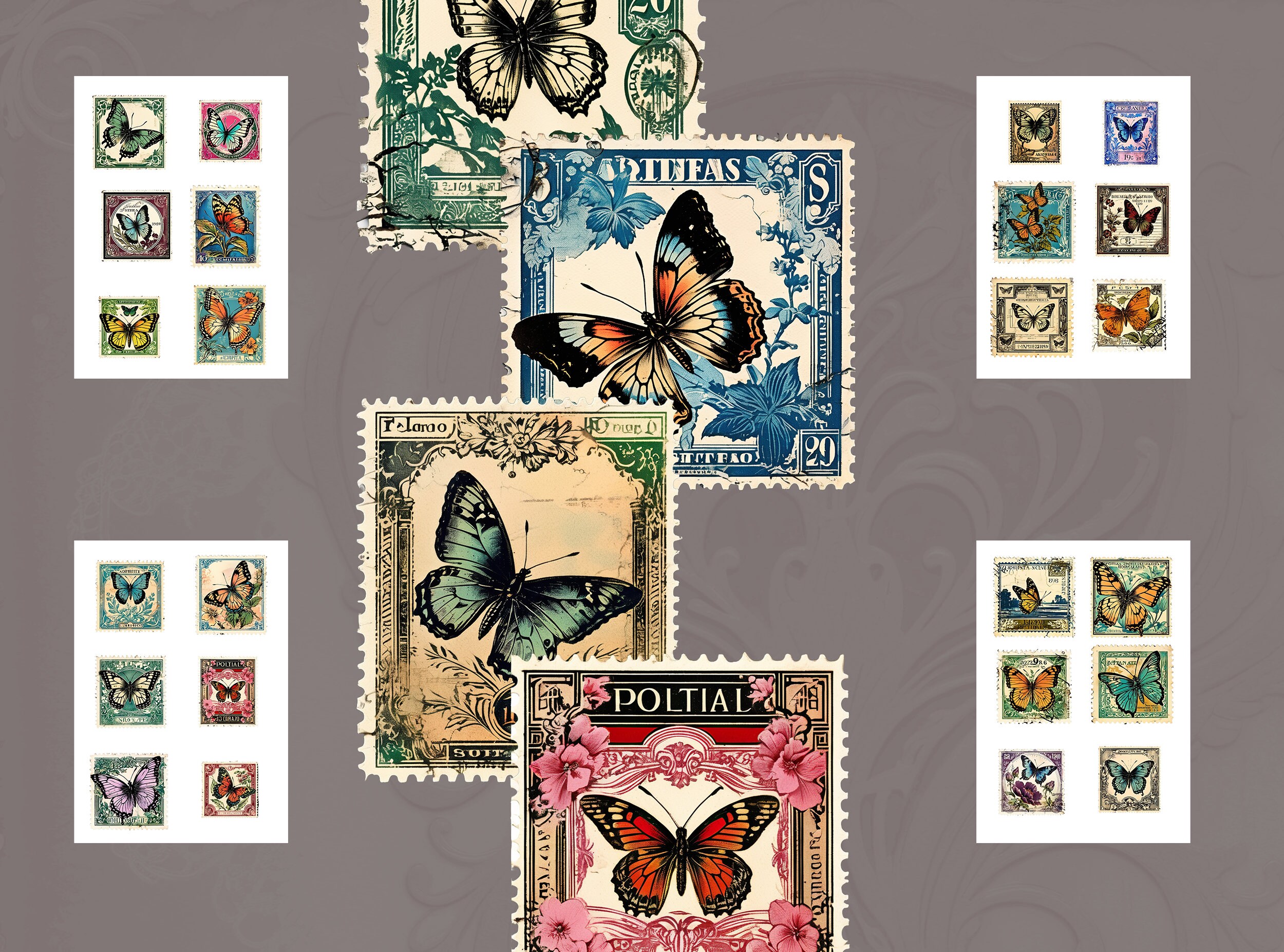 Fake Stamps, Digital Butterfly Stamps, Junk Journal, Ephemera ...