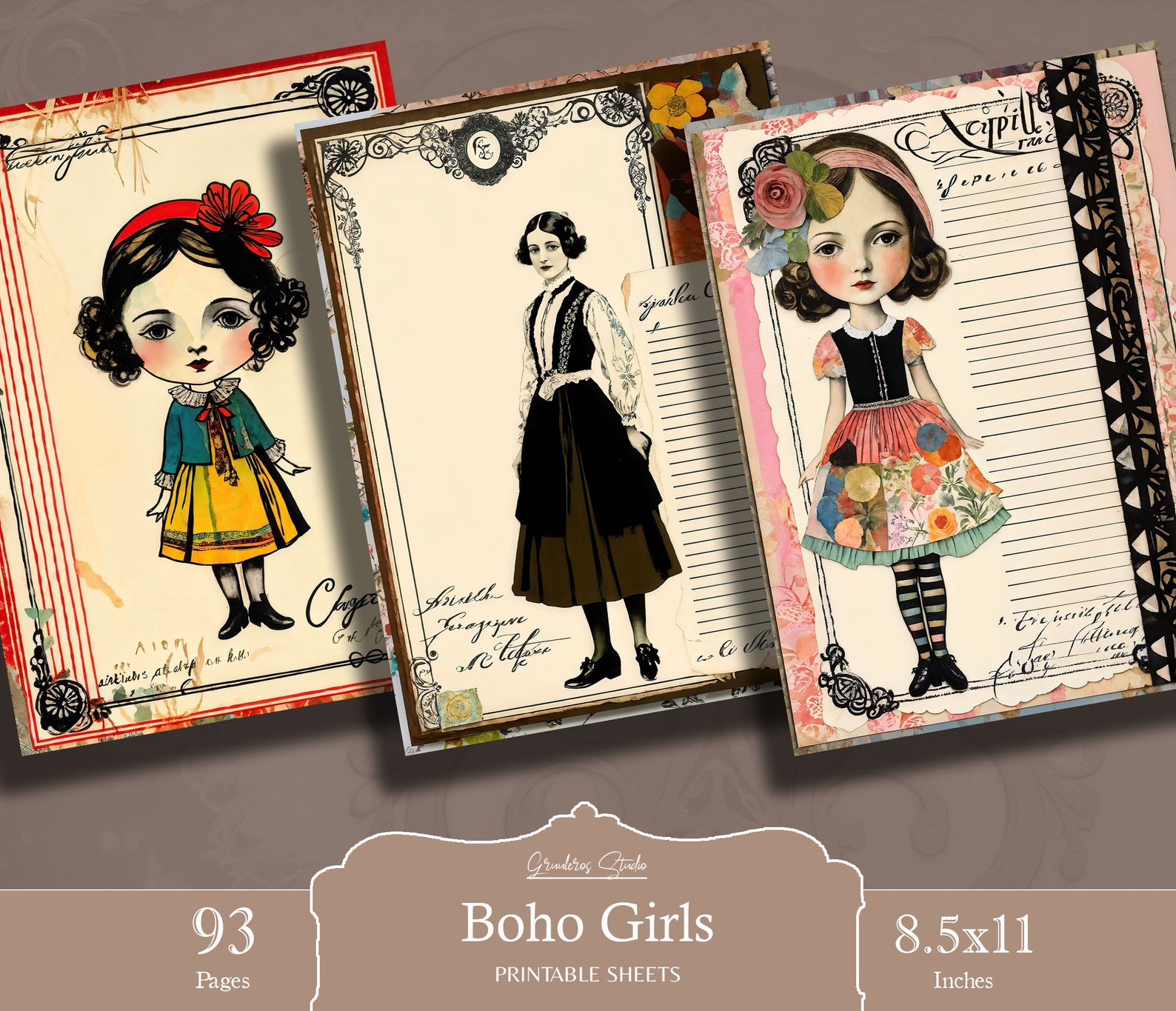 Boho Girl Journal Papers, Printable Sheets, Whimsical Boho, Lined Paper ...