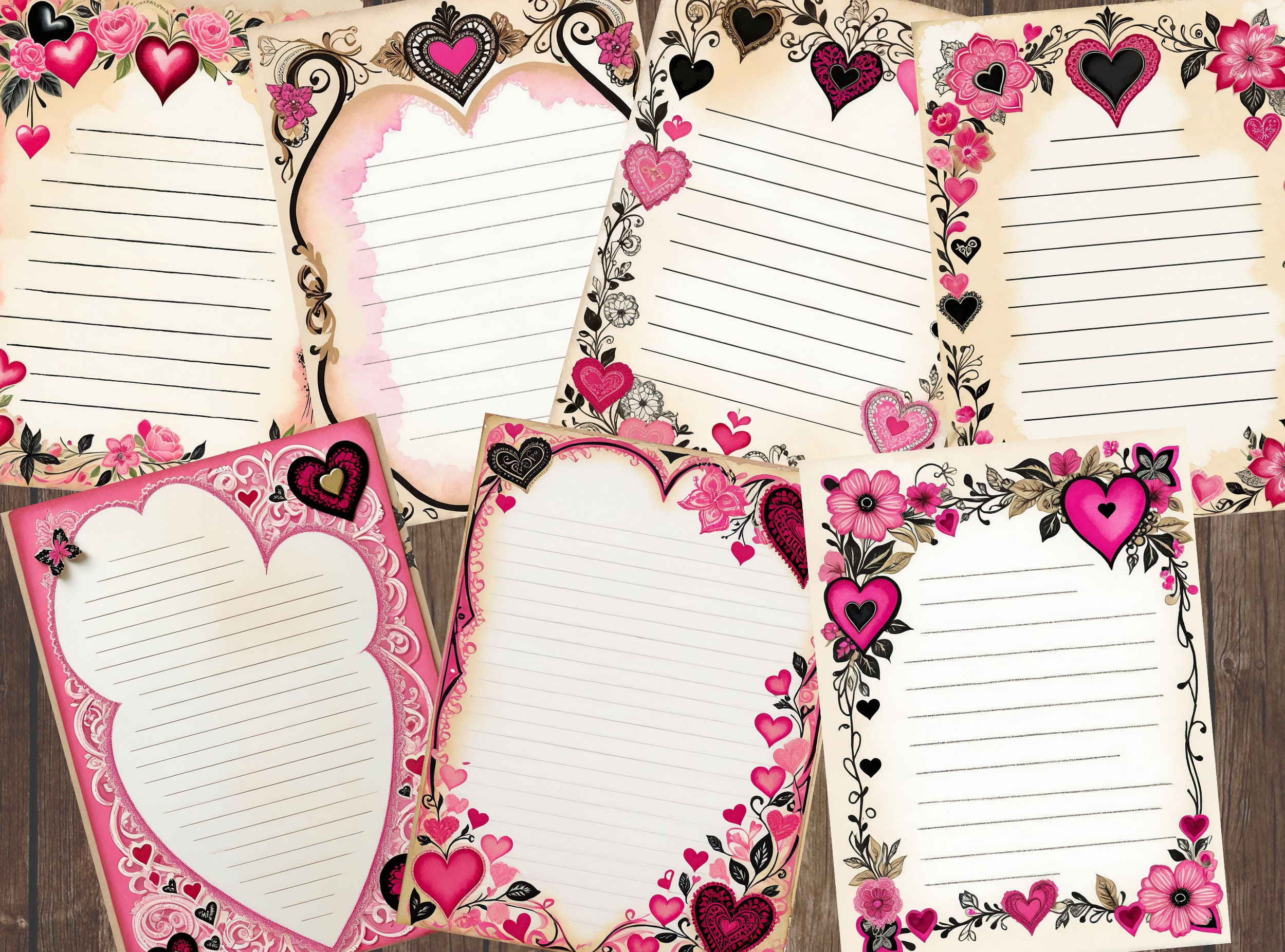 Hearts Stationery, Printable Stationery, Valentine's Day Gift, Love ...