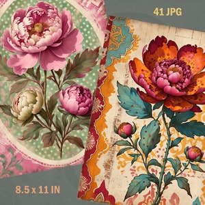 Vintage Peony Printable, Peony Paper, Grunge Floral, Journal Kit ...