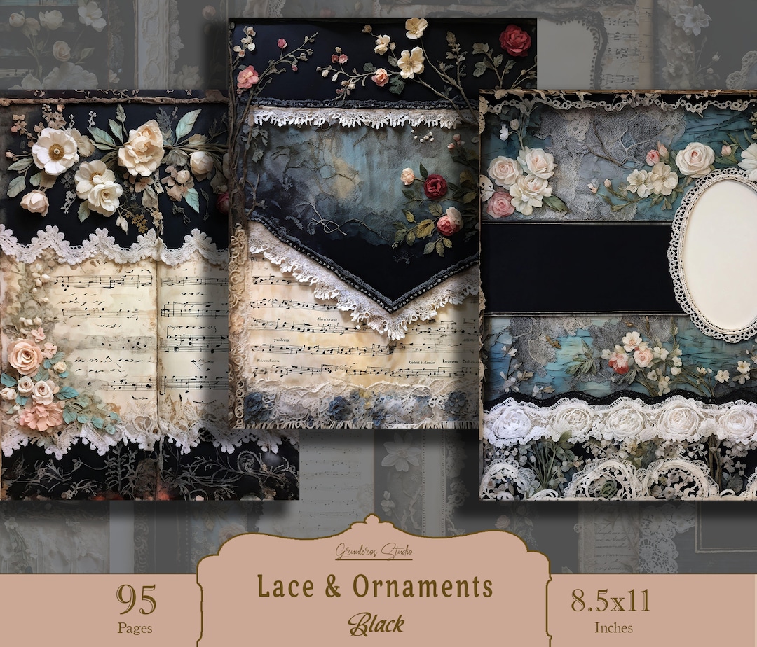 Lace Junk Journal, Printable, Black Lace Images, Lace Digital Journal ...