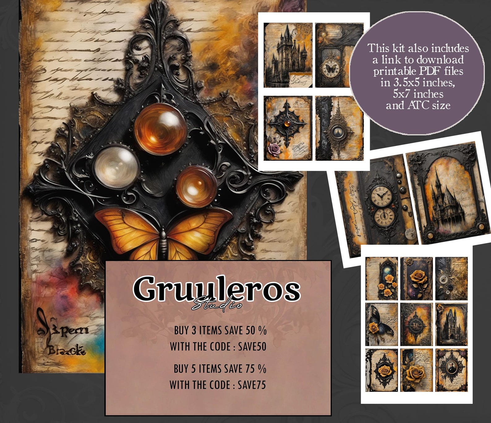 Amber Gothic Junk Journal Pages, Digital Scrapbook Paper Kit, Victorian ...
