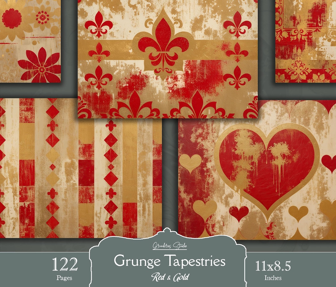Red and Gold Distressed Digital Paper With Vintage Damask Patterns ...