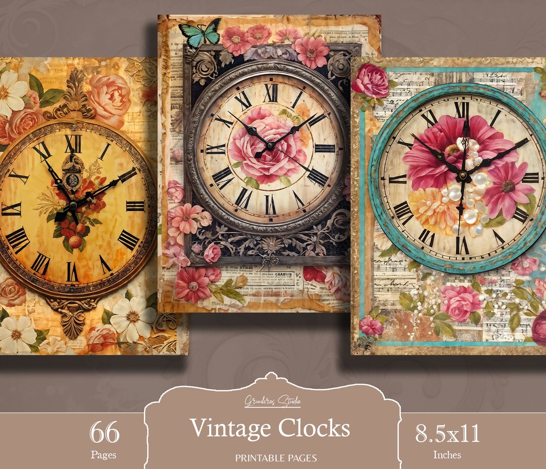 Vintage Clocks, Junk Journal Paper, Floral Clocks Paper, Vintage ...