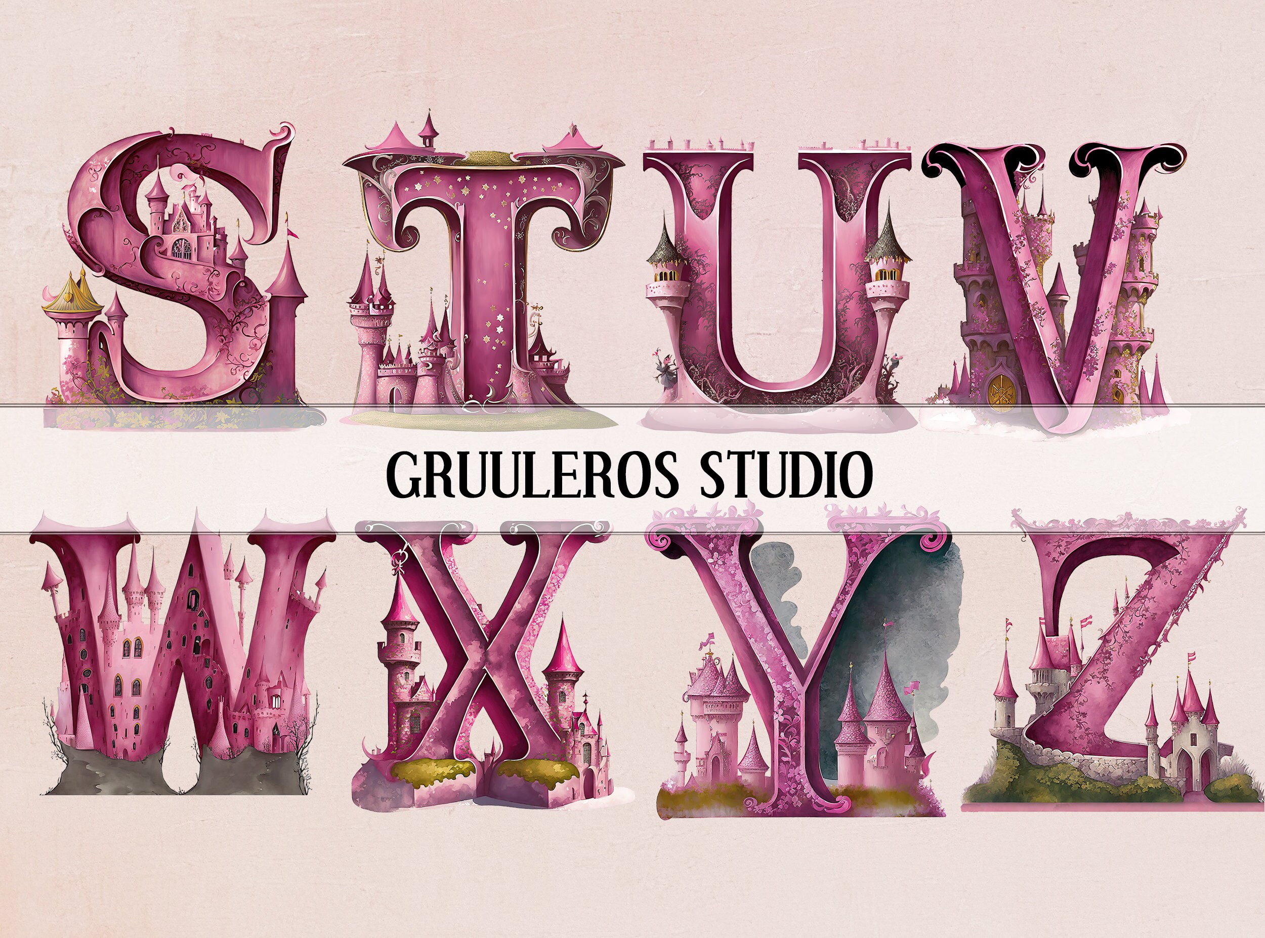 Fairy Castles Decorative Alphabet Letters, Pink Castles, Digital ...