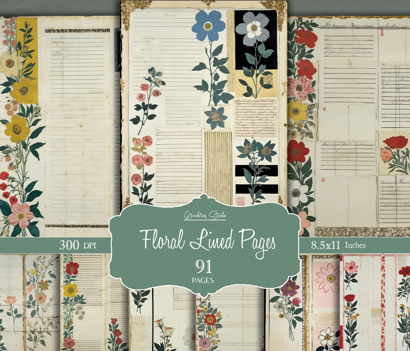 Lined Floral Journal Pages, Junk Journal, Basic Papers, Printable ...