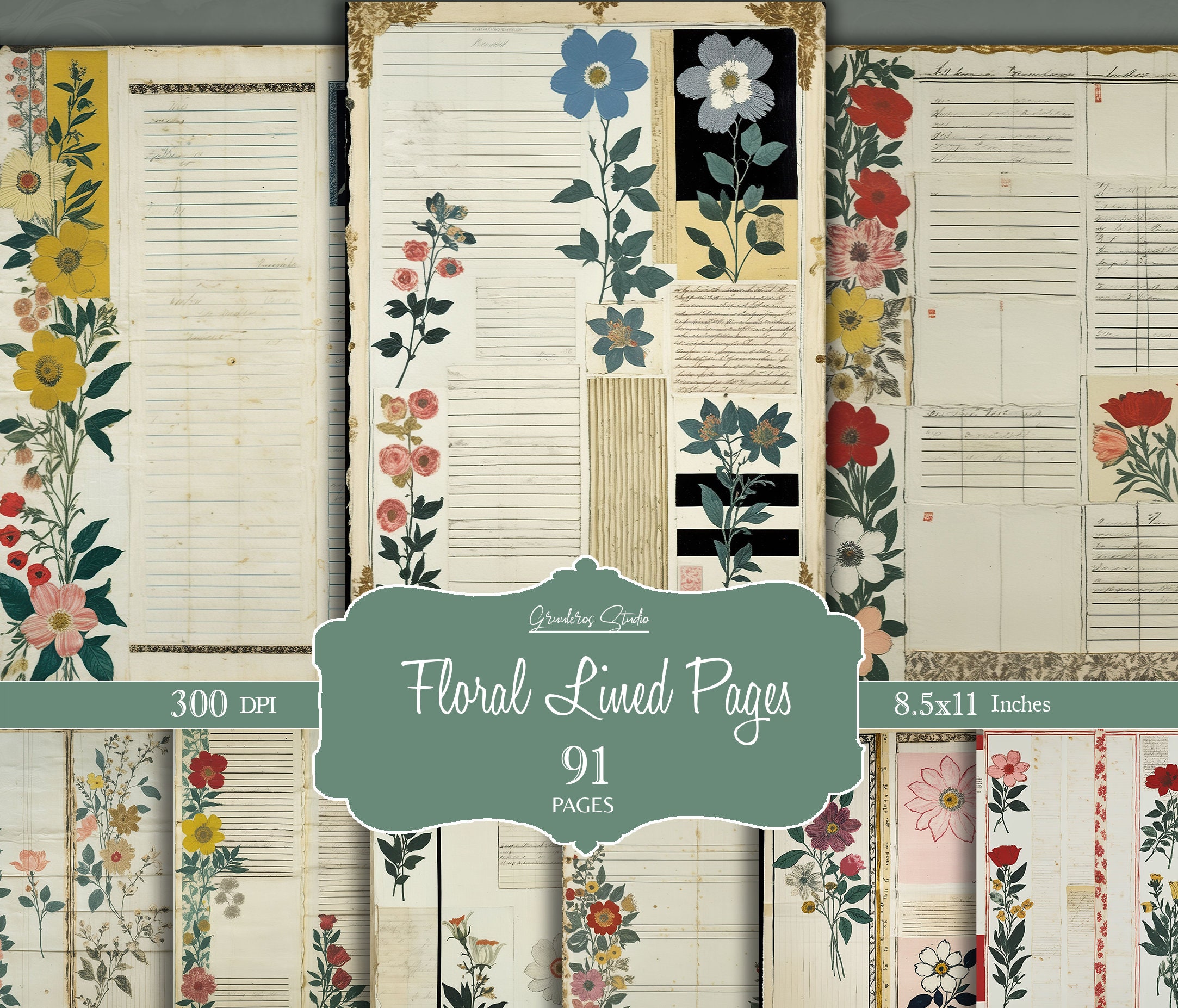 Lined Floral Journal Pages, Junk Journal, Basic Papers, Printable ...