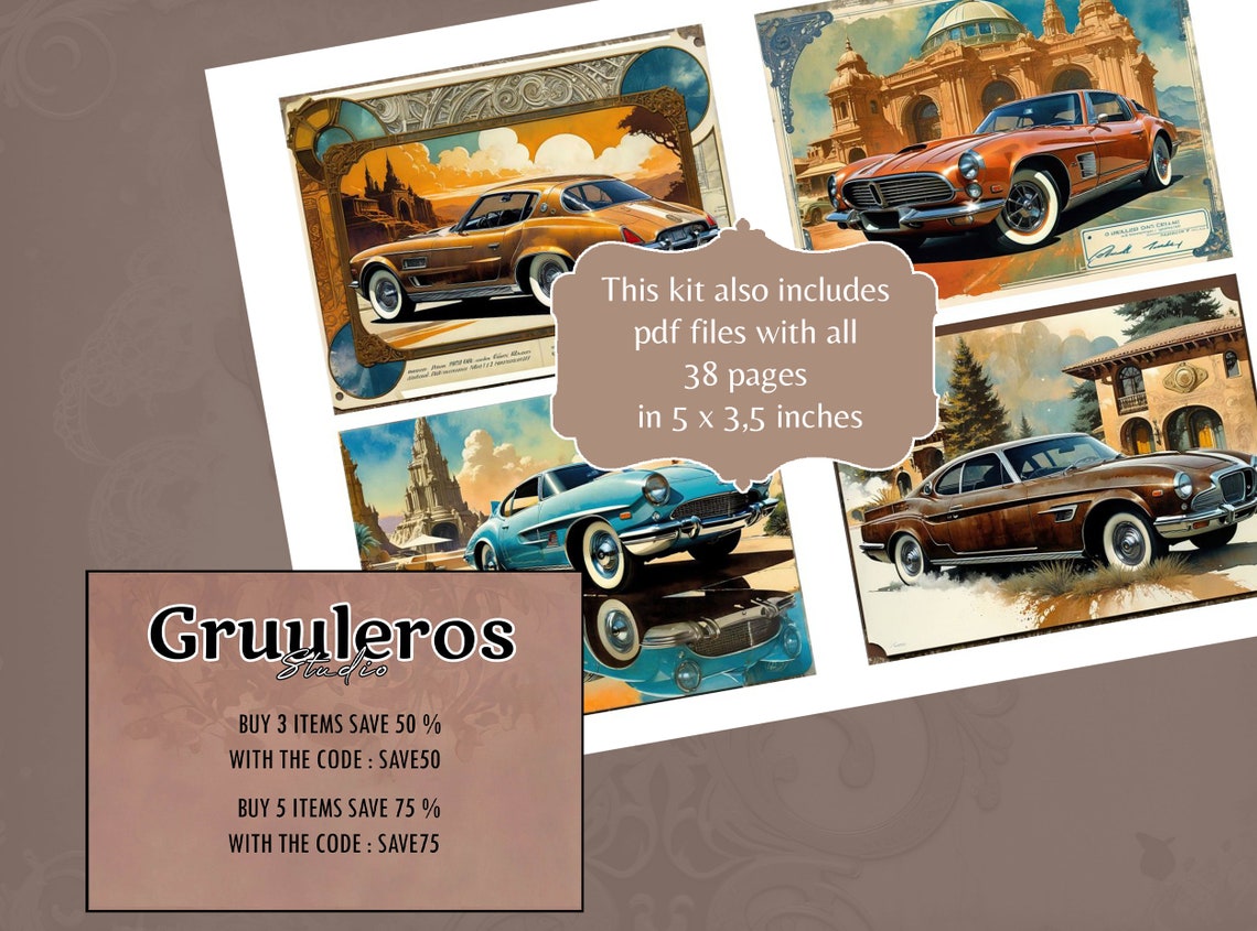 Classic Cars Journal Kit, Retro Cars, Vintage Cars Junk Journal ...