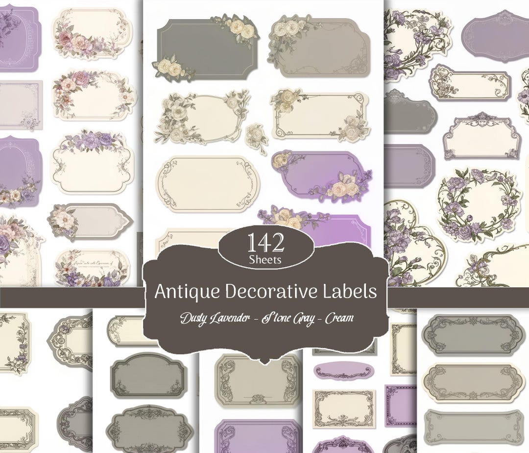 Antique Decorative Labels Junk Journal | Lavender Gray Cream Vintage ...