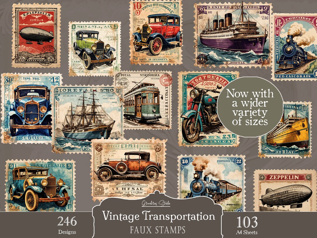 Fake Stamps, Vintage Travel Stamps, Cars, Trains, Bikes, Ships ...