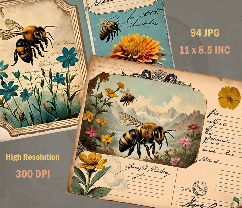 Bee Junk Journal Pages, Digital Collage Sheet, Vintage Bee Junk Journal ...