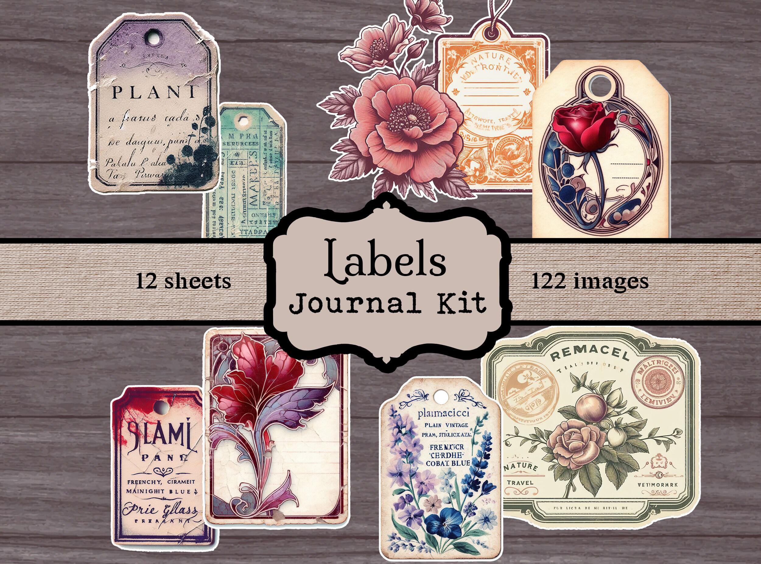 Vintage Labels Tags Digital Junk Journal Kit, Printables, Art Journal ...