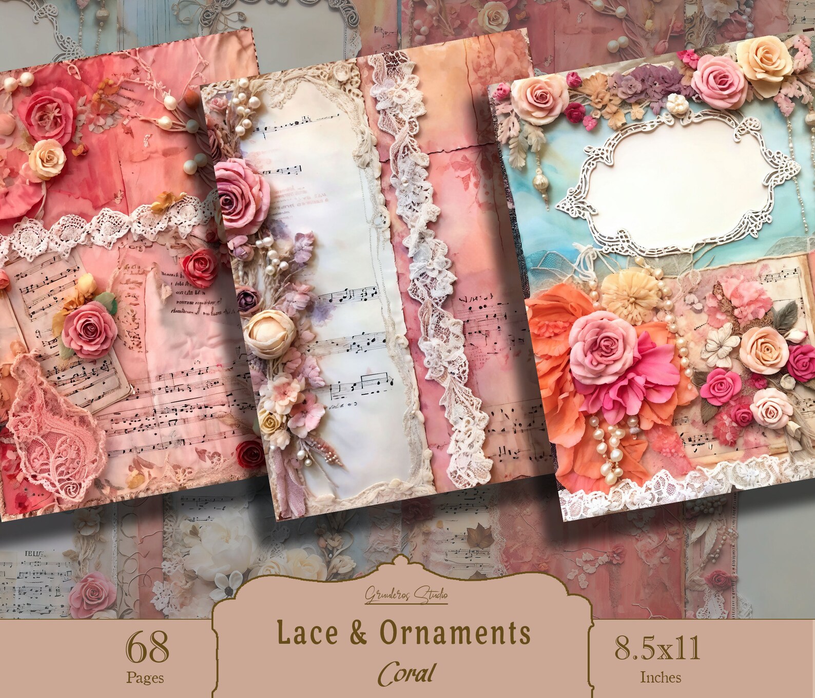 Coral Pink Junk Journal Vintage Lace Ephemera Collage Sheets Printable ...