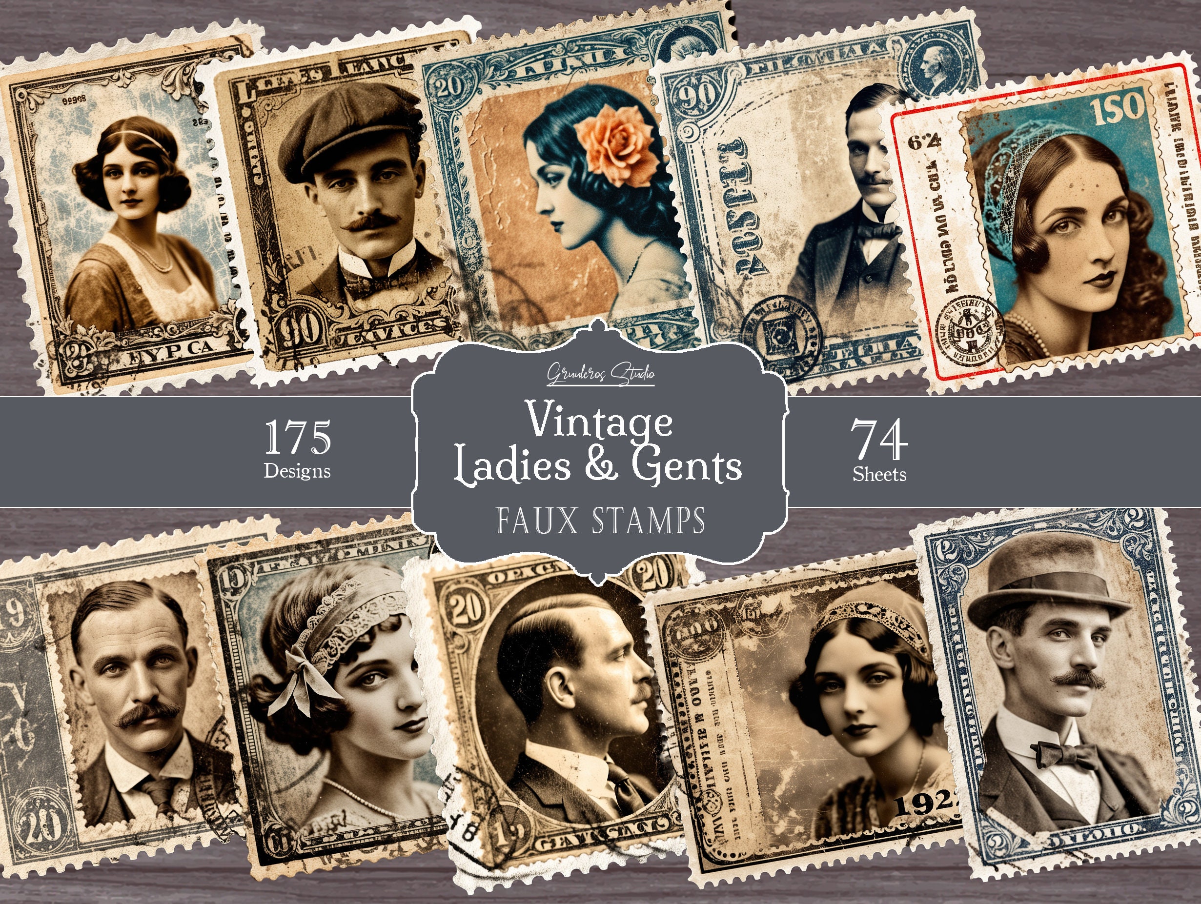 Faux Stamps, Ladies, Gentlemen, Postage, Fake Stamp, Printable, Vintage ...