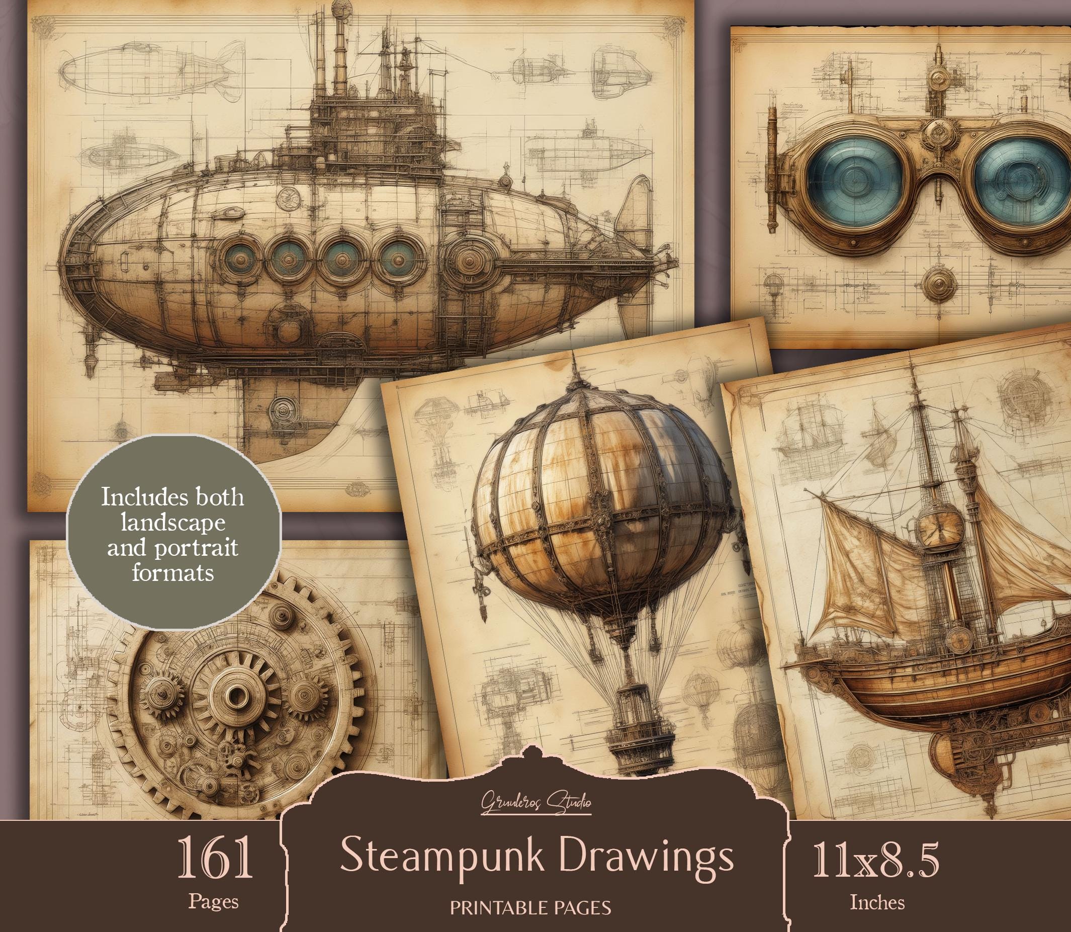 Steampunk Drawings Junk Journal Pages, Victorian Industrial Digital ...