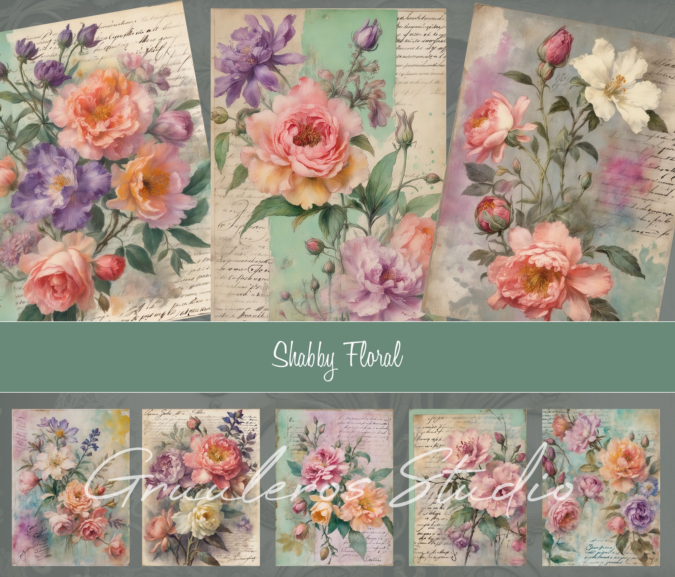 Floral Digital Paper for Scrapbook Collage Sheet Shabby Chic ...