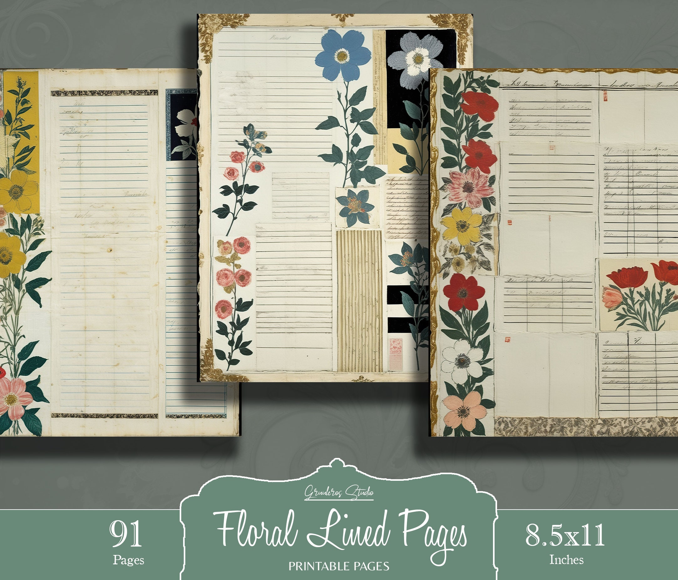Lined Floral Journal Pages, Junk Journal, Basic Papers, Printable ...