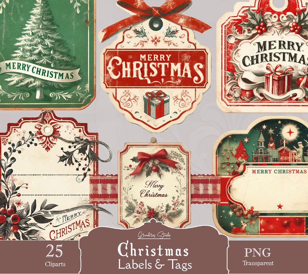 Cliparts Vintage Christmas Labels, Transparent Png, Clipart Retro Tags ...