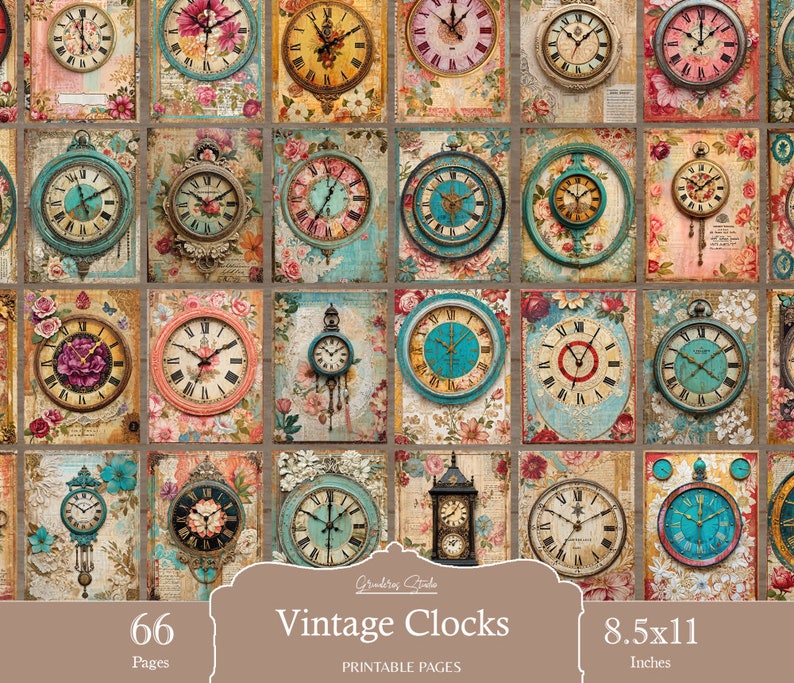 Vintage Clocks, Junk Journal Paper, Floral Clocks Paper, Vintage ...