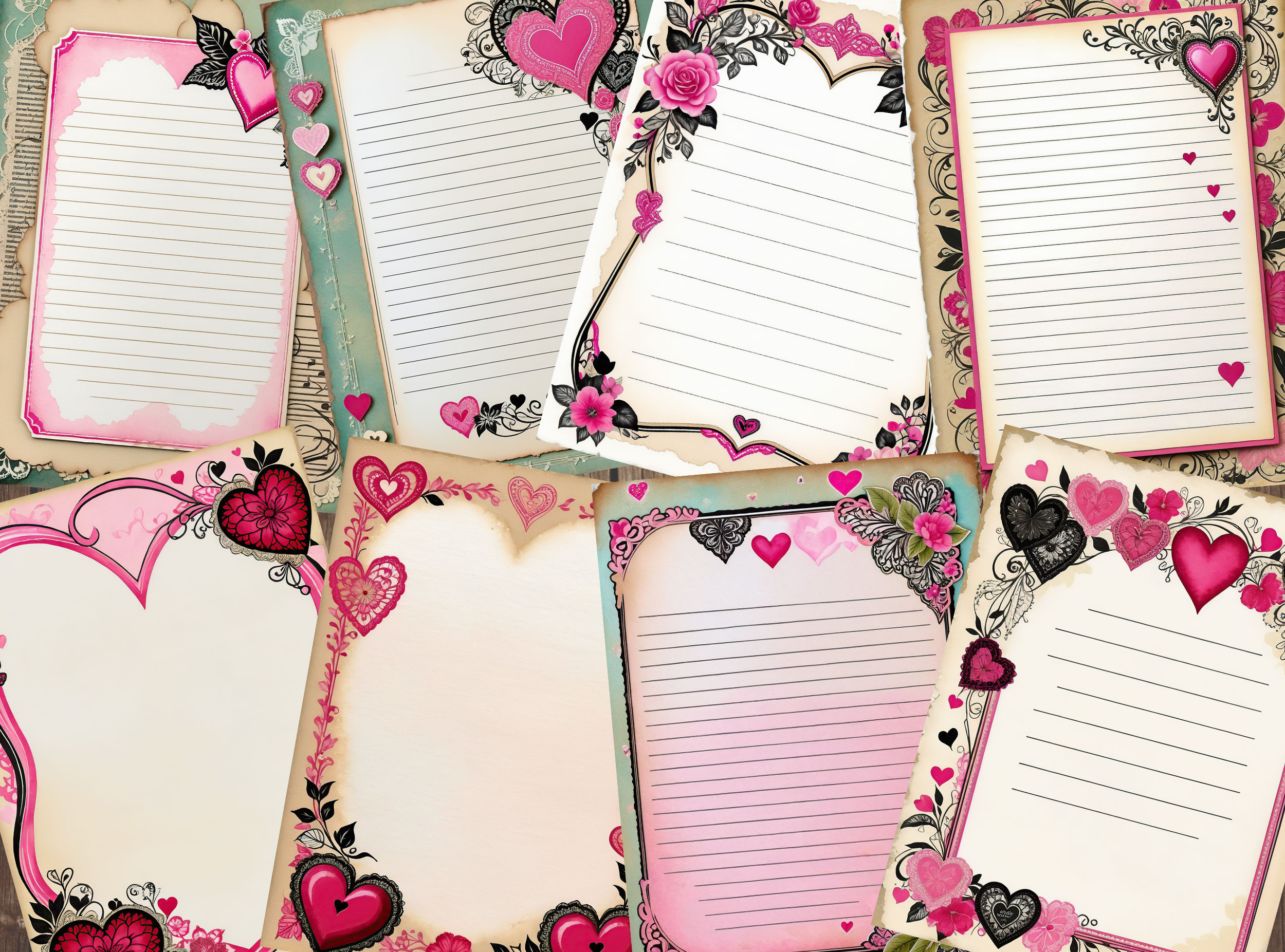 Hearts Stationery, Printable Stationery, Valentine's Day Gift, Love ...