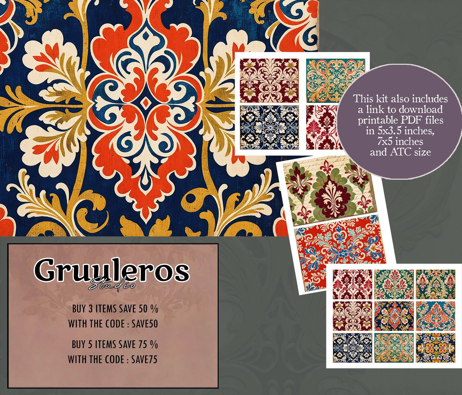 Printable Damask Paper, Vibrant, Grunge, Digital Paper, Damask Pages ...