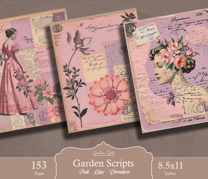 Pink Letter Collage Paper, Vintage Floral Ephemera Pages, Scrapbooking ...