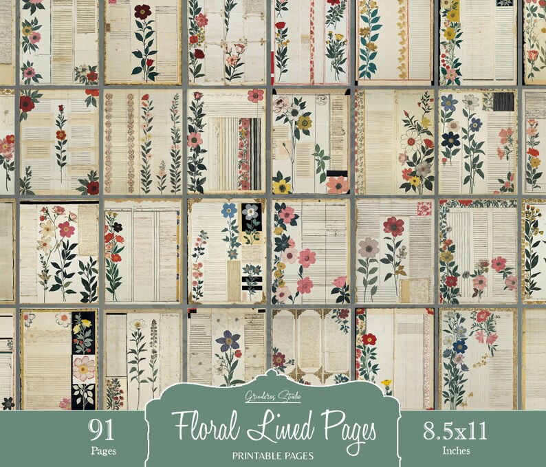 Lined Floral Journal Pages, Junk Journal, Basic Papers, Printable ...