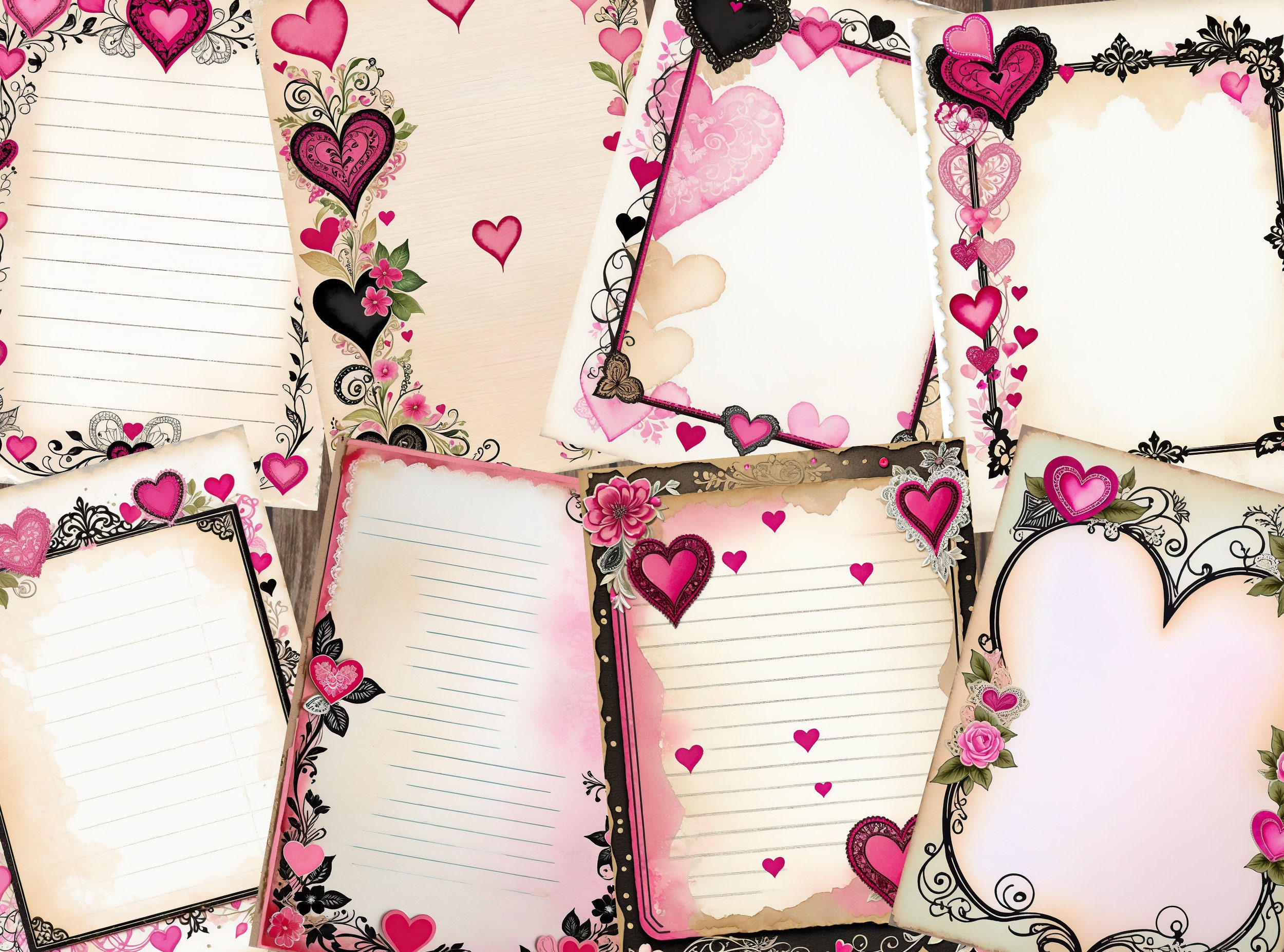 Hearts Stationery, Printable Stationery, Valentine's Day Gift, Love ...