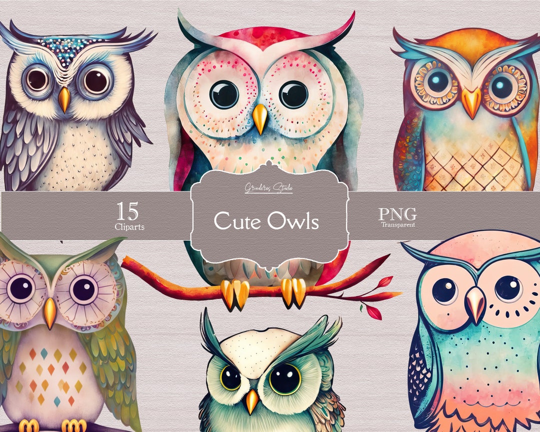 15 Owls Clipart, Whimsical Owls Print, Digital Download, Printable Owls ...
