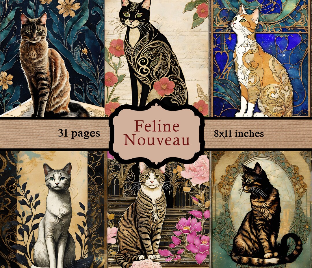 Art Nouveau Cats, Digital Illustrations, Journaling Papers, Atc ...