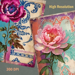 Vintage Peony Printable, Peony Paper, Grunge Floral, Journal Kit ...