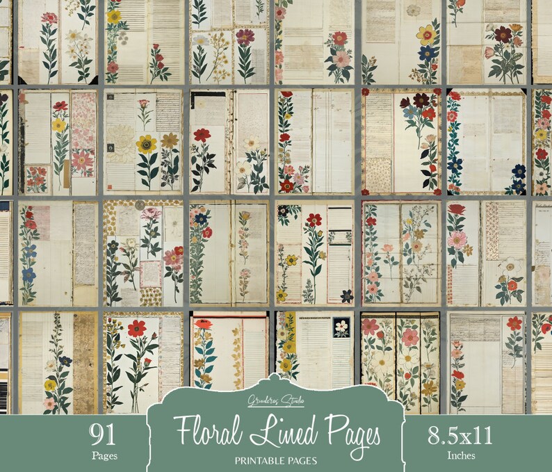 Lined Floral Journal Pages, Junk Journal, Basic Papers, Printable ...