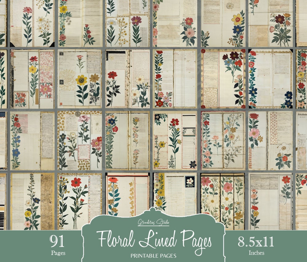 Lined Floral Journal Pages, Junk Journal, Basic Papers, Printable ...