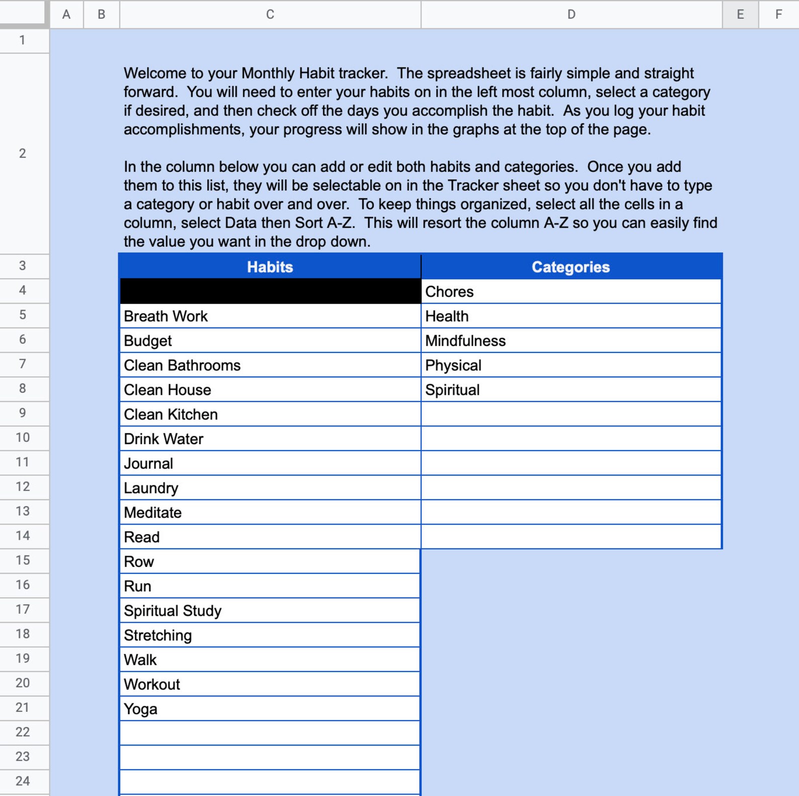 Habit Tracker Google Sheet With Quick Look Charts - Blue - Etsy
