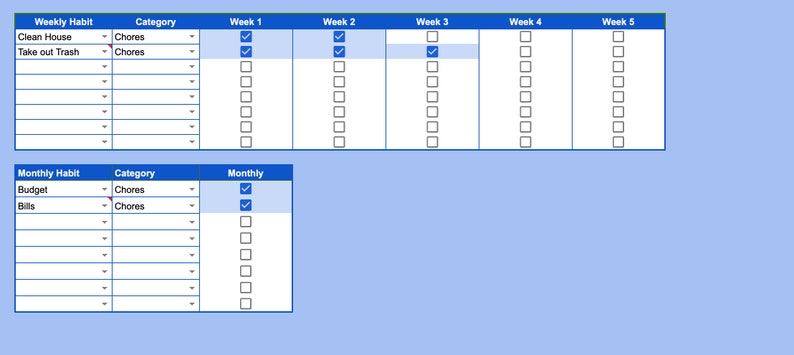 Habit Tracker Google Sheet With Quick Look Charts - Blue - Etsy