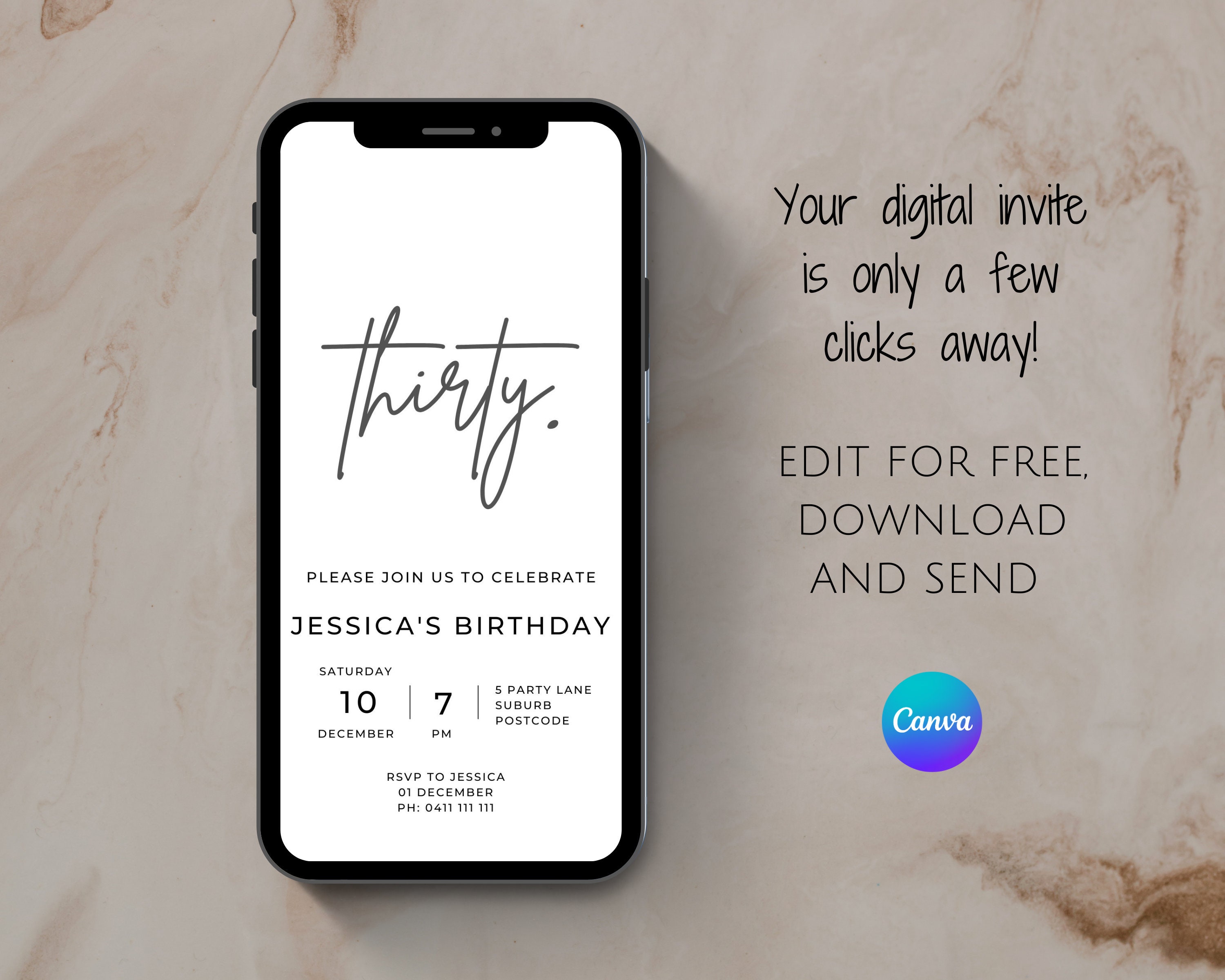 Digital Invitation 30th Birthday, Minimalistic Invitation, Editable ...
