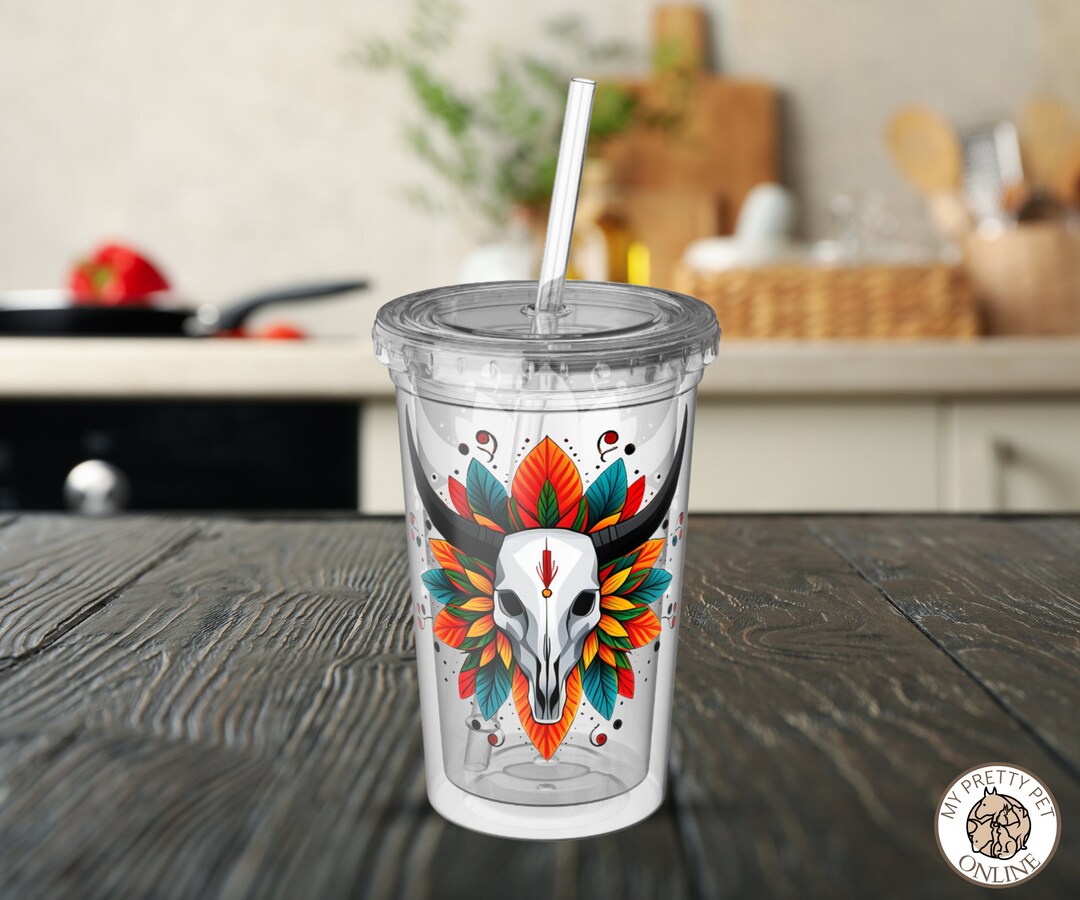 Western Iced Coffee Cup, 16oz Acrylic Cup With Lid and Straw, Cow Skull ...