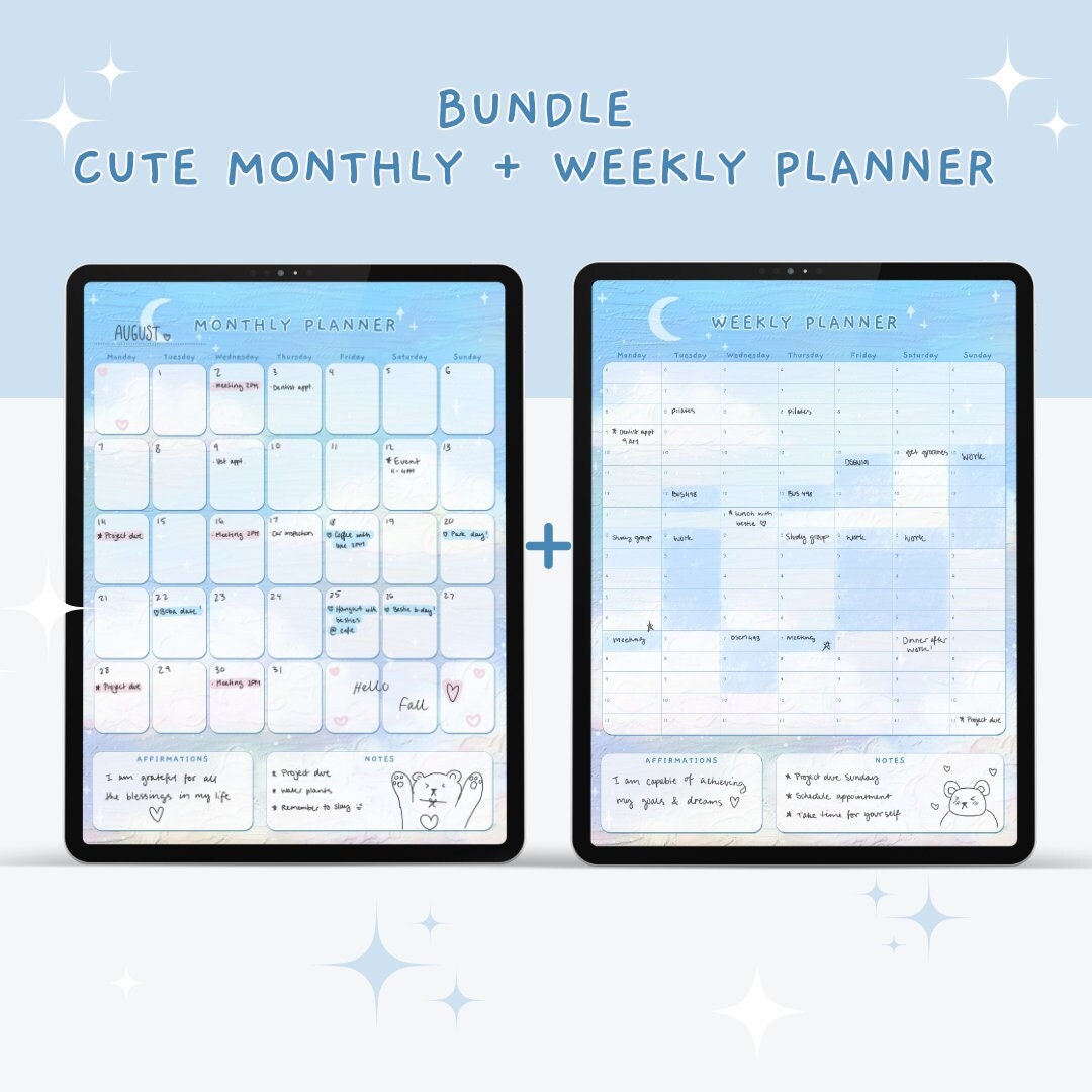 BUNDLE Cute Digital Monthly Planner + Cute Digital Weekly Planner ...