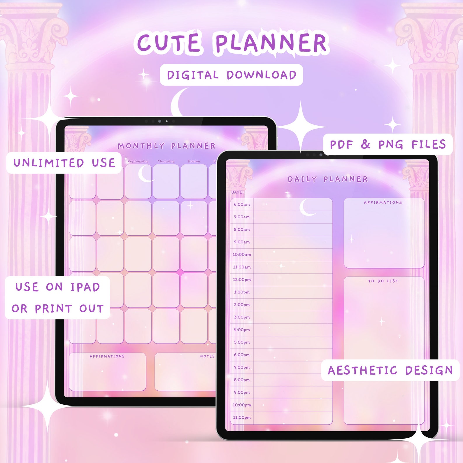 BUNDLE Cute Digital Monthly Planner + Cute Daily Planner, Kawaii ...