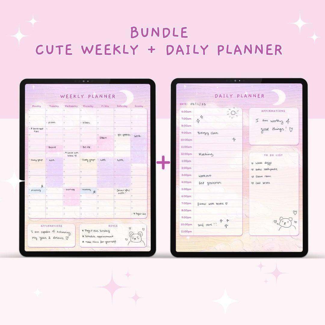 BUNDLE Cute Digital Weekly Planner + Cute Digital Daily Planner, Kawaii ...