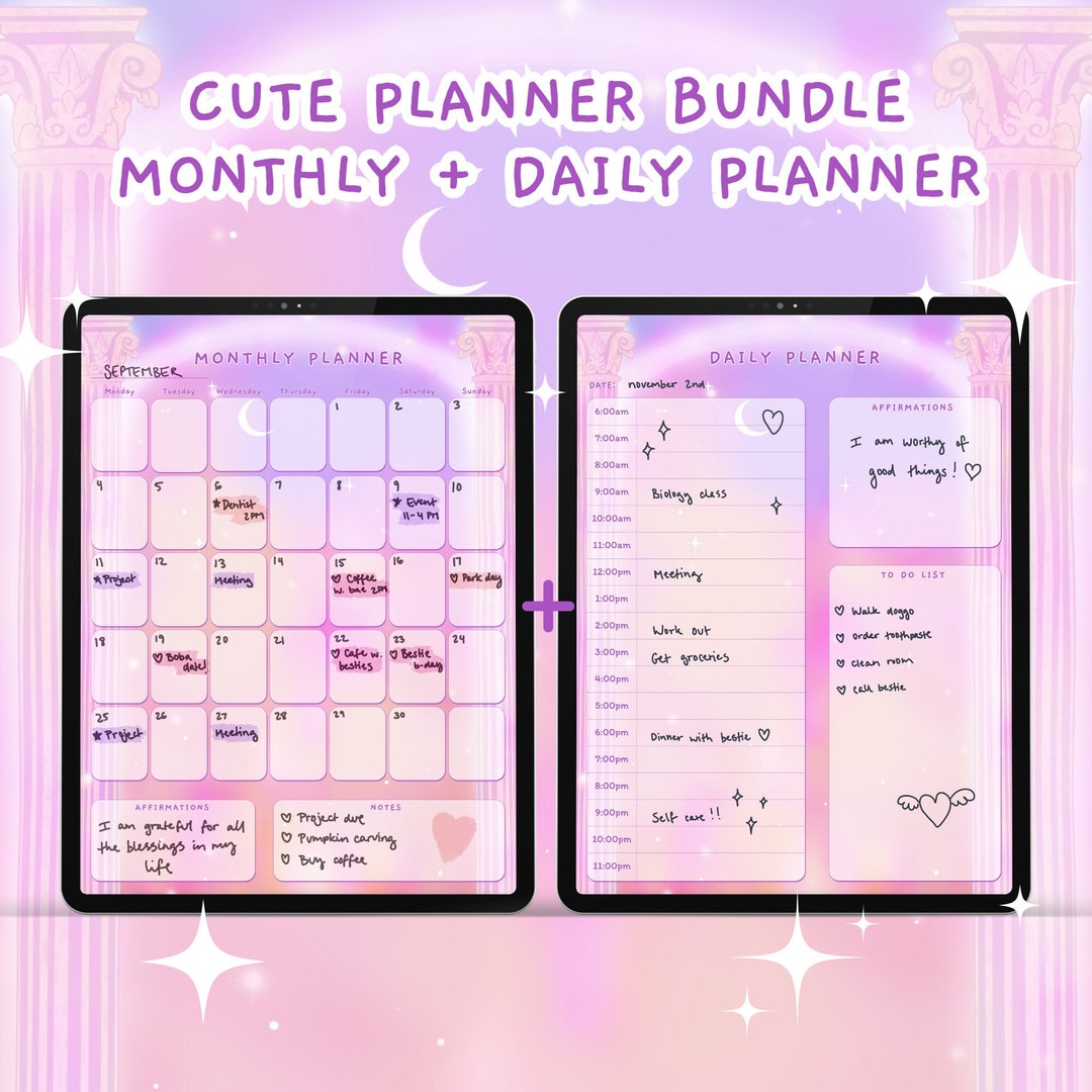 BUNDLE Cute Digital Monthly Planner + Cute Daily Planner, Kawaii ...